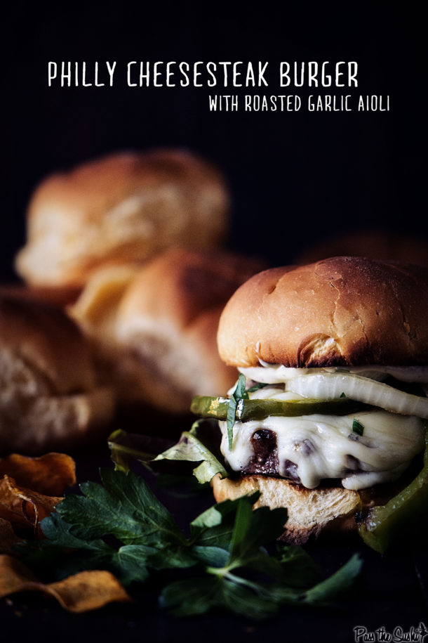 Philly Cheesesteak Burger with Roasted Garlic Aioli | GirlCarnivore.com